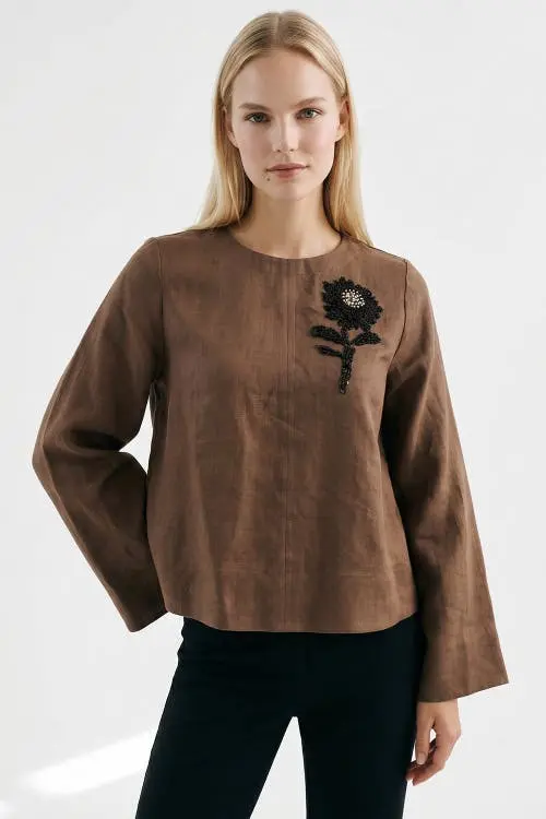 EXQUISE Fifine Long Sleeve Linen Blouse - Brown