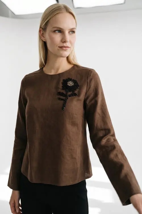 EXQUISE Fifine Long Sleeve Linen Blouse - Brown