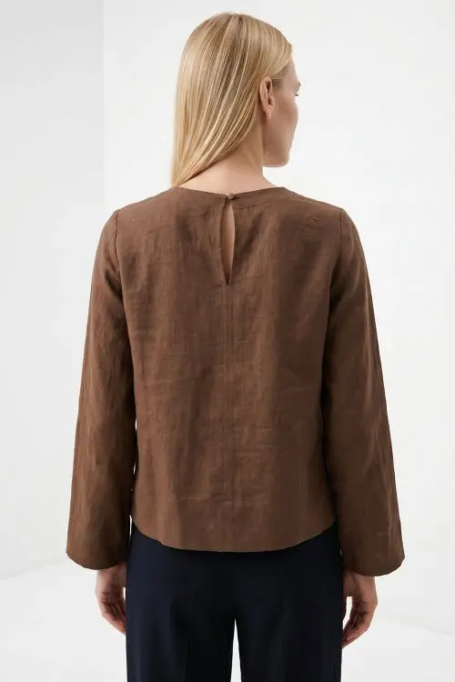 EXQUISE Fifine Long Sleeve Linen Blouse - Brown