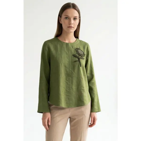 EXQUISE Fifine Long Sleeve Linen Blouse - Khaki