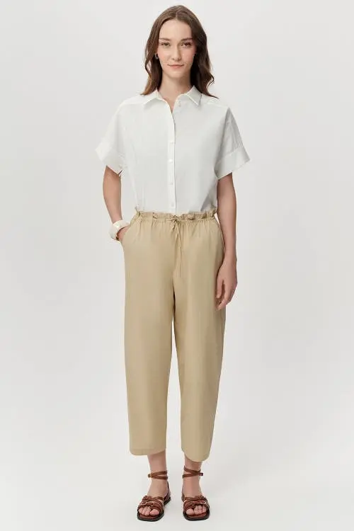 EXQUISE Amedee Drawstring Waist Woven Tapered Pants - Beige