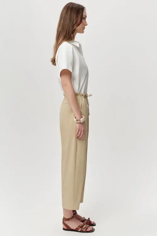 EXQUISE Drawstring Waist Woven Tapered Pants