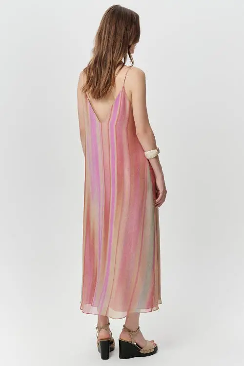 EXQUISE V-neck Spaghetti Strap Striped Midi Dress