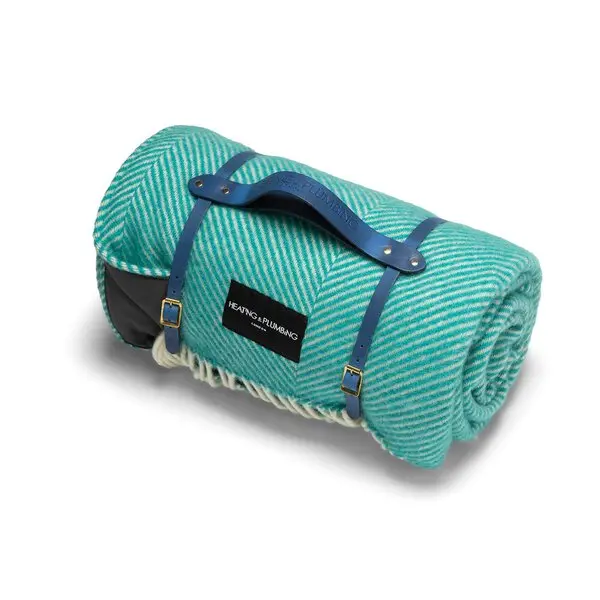 HEATING & PLUMBING LONDON Pure New Wool Waterproof Picnic Blanket Cornish Cove Short Strap - Blue