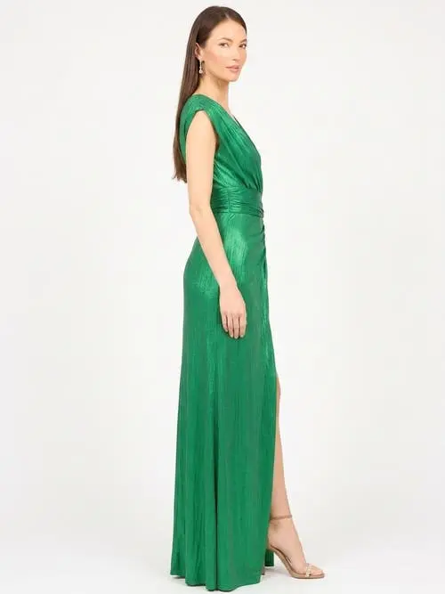 LARA NEW YORK V-neck Metallic Gown With Slit