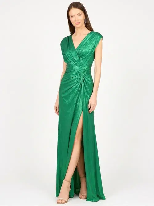 LARA NEW YORK V-neck Metallic Gown With Slit