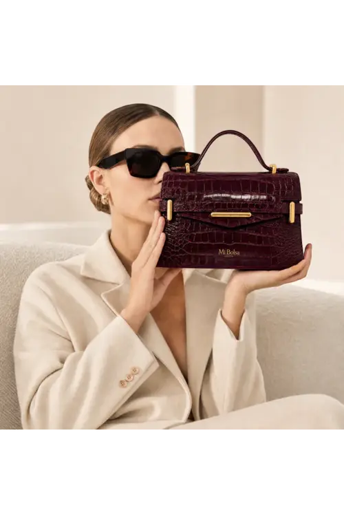 MI BOLSA LONDON Croc Embossed Leather Top Handle Bag - Burgundy