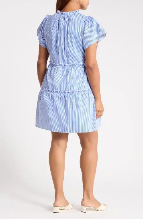 SUGARLIPS Tiered Stripe Cotton Dress With Split Neck And Puff Sleeves