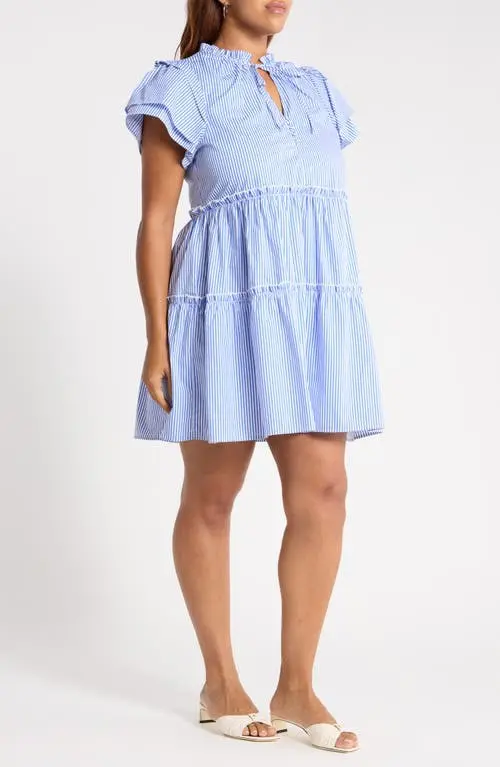 SUGARLIPS Tiered Stripe Cotton Dress With Split Neck And Puff Sleeves