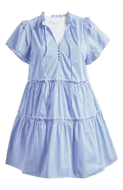 SUGARLIPS Tiered Stripe Cotton Dress With Split Neck And Puff Sleeves