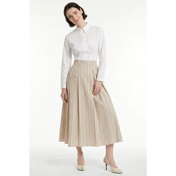 EXQUISE Gace Pleated Pocket Midi Skirt - Beige