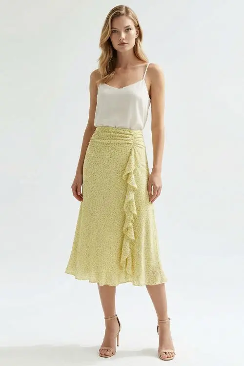 EXQUISE Filicia Elastic Waist Side Ruffle Midi Skirt - Multi Color