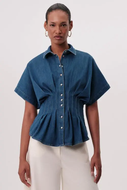 EXQUISE Marisa Collared Short Sleeve Denim Shirt - Blue