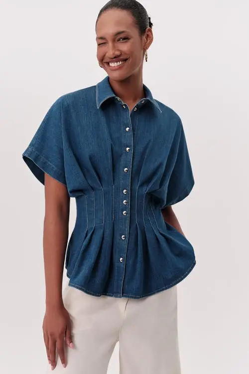 EXQUISE Marisa Collared Short Sleeve Denim Shirt