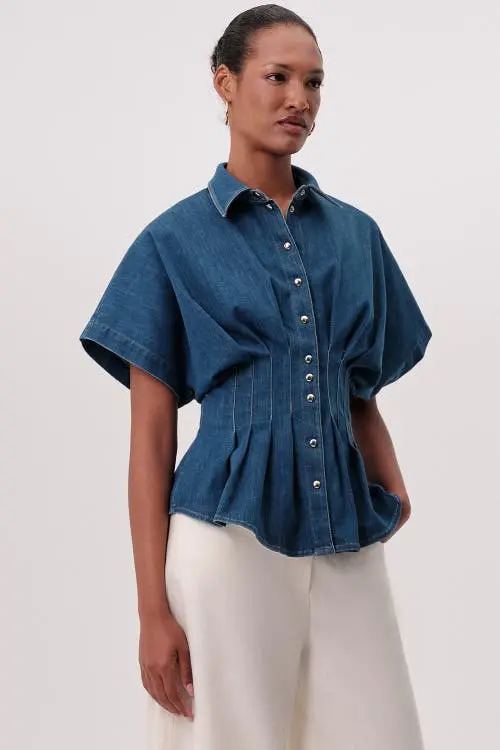 EXQUISE Marisa Collared Short Sleeve Denim Shirt