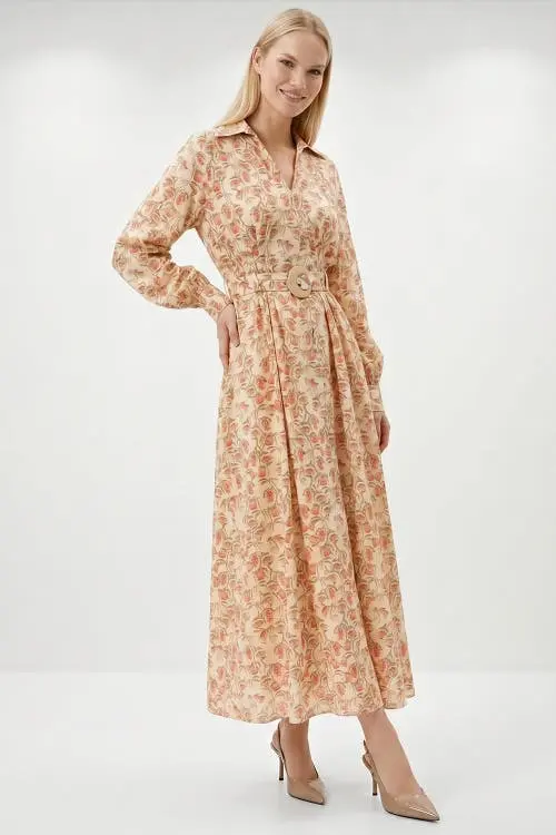 EXQUISE Belted Maxi Dress With Long Sleeves