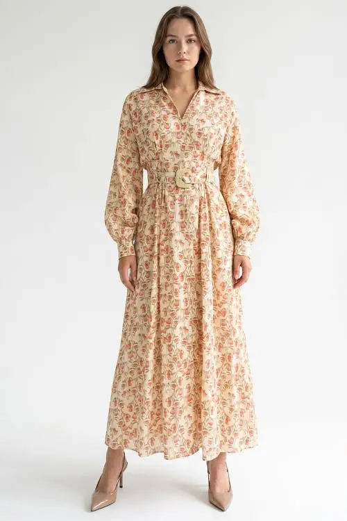 EXQUISE Belted Maxi Dress With Long Sleeves