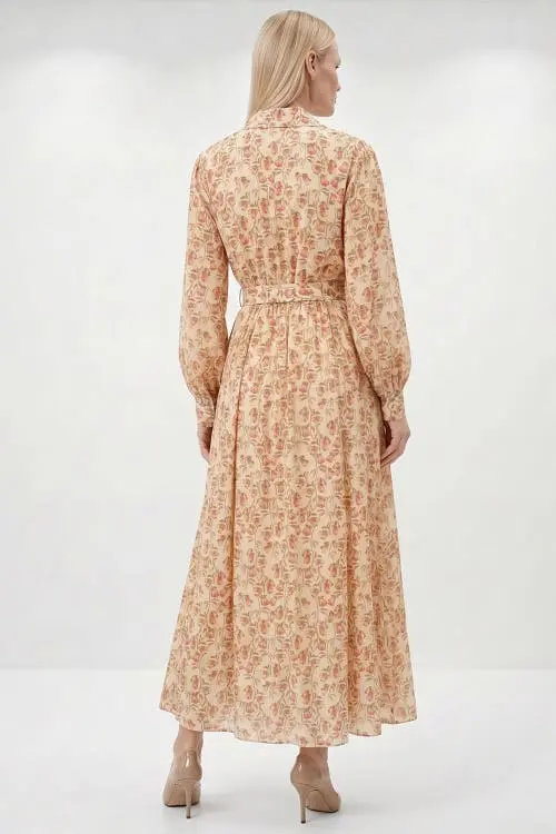 EXQUISE Belted Maxi Dress With Long Sleeves