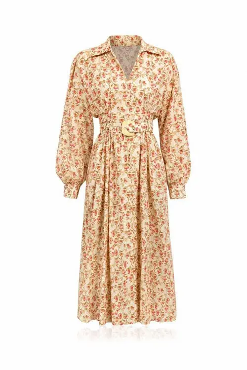 EXQUISE Belted Maxi Dress With Long Sleeves