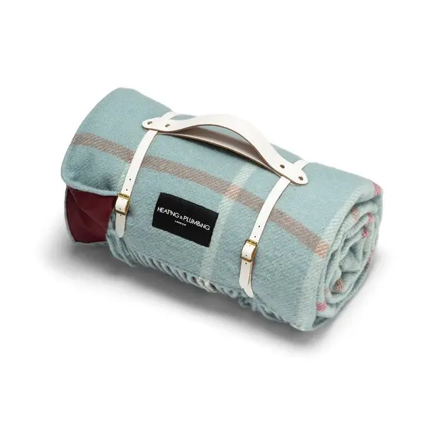 HEATING & PLUMBING LONDON Blue / White Duck Egg Checked Pure New Wool Picnic Blanket With Short White Strap - Blue/white