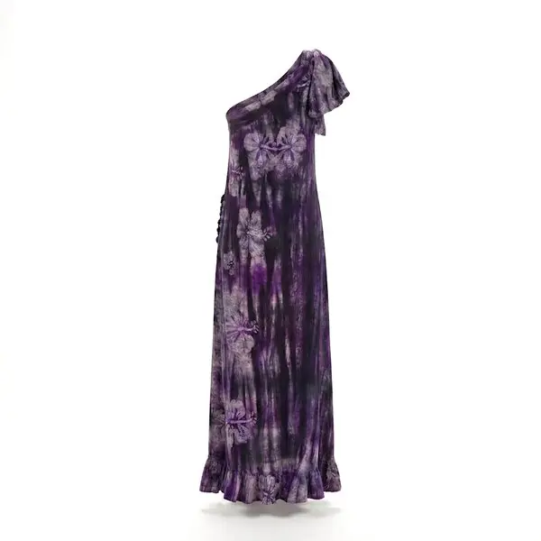 NYNY RYKE Wilma, One-shoulder Batik Maxi Dress Floral Cotton Dress - Purple