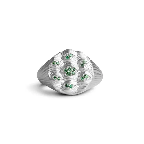 KASUN LONDON Silver / Green Eyes Of Many Signet Ring – Silver & Tsavorite Eyes - Silver/green