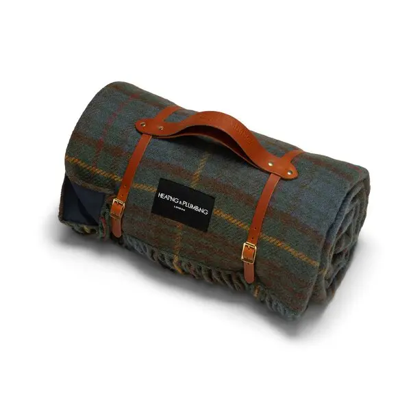 HEATING & PLUMBING LONDON Green / Brown Pure New Wool Waterproof Picnic Blanket Classic Hunting Lodge Short Leather Strap - Green/brown