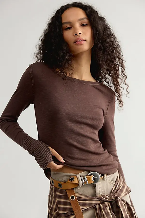 Free People We The Free Tinsley Long Sleeve Top - Deep Fudge