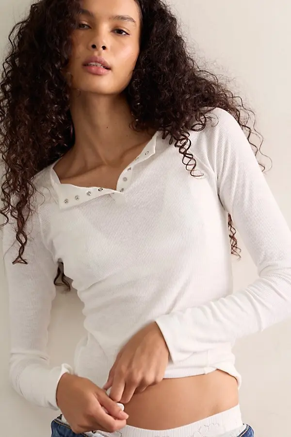 Free People Keeping It Light Ribbed Henley - Clean Ivory
