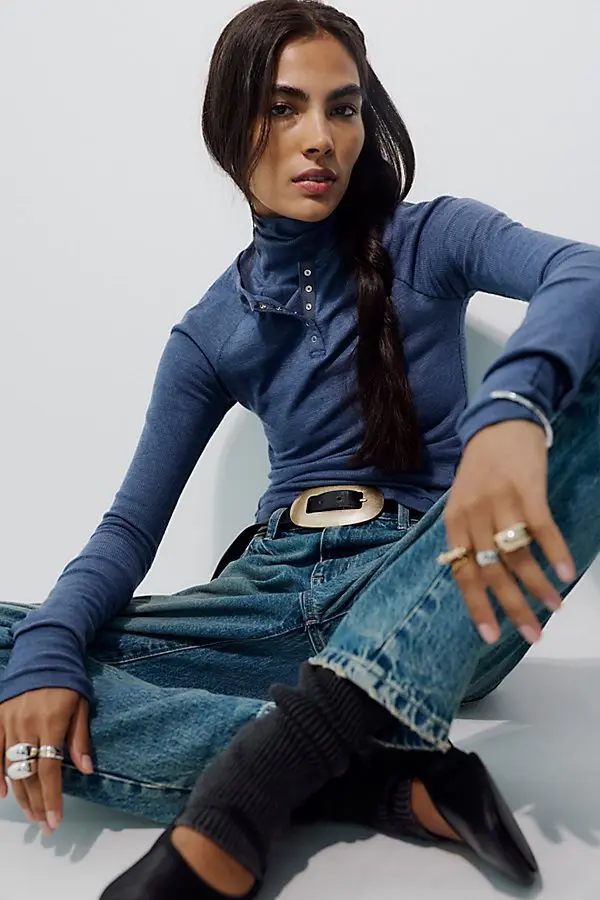 Free People Keeping It Light Ribbed Henley - Navy Heather