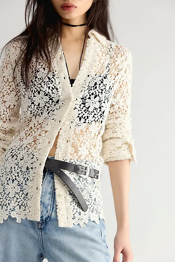 Free People Sam Lace Button Down Top - Ivory
