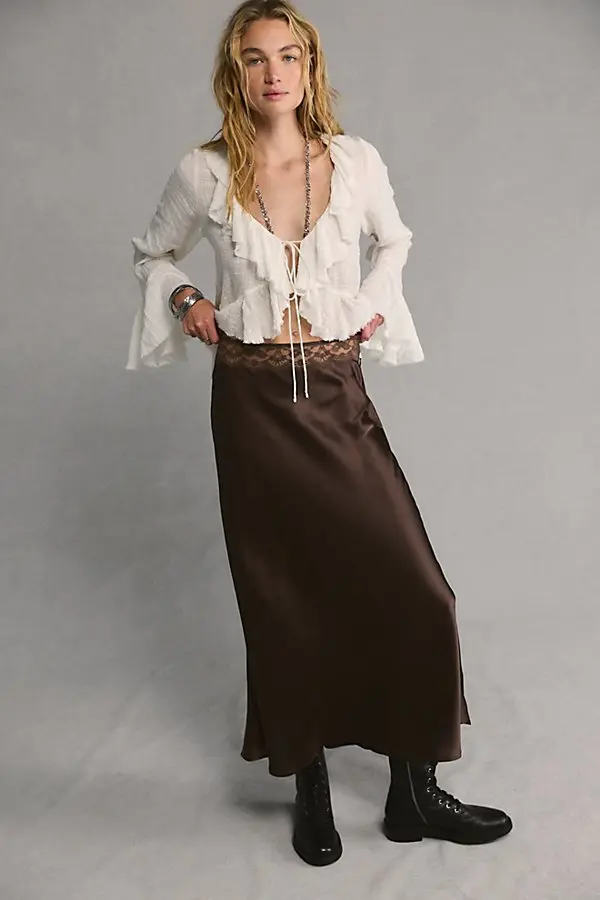 Free People Valeria Midi Slip Skirt - French Chocolate