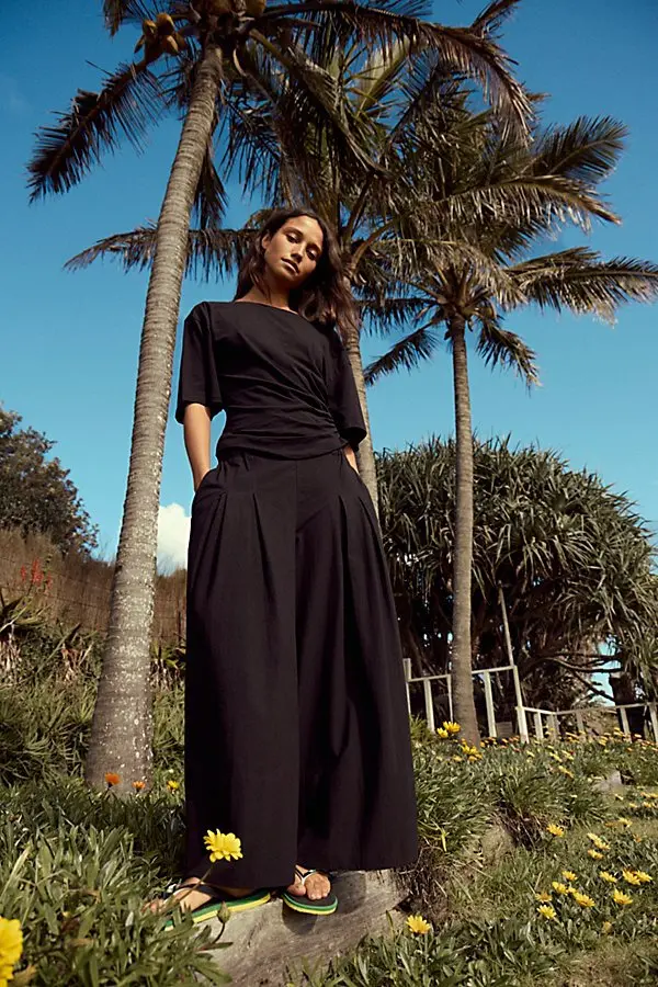 Free People Off-the-shoulder Top And Pleated Culotte Set - Black