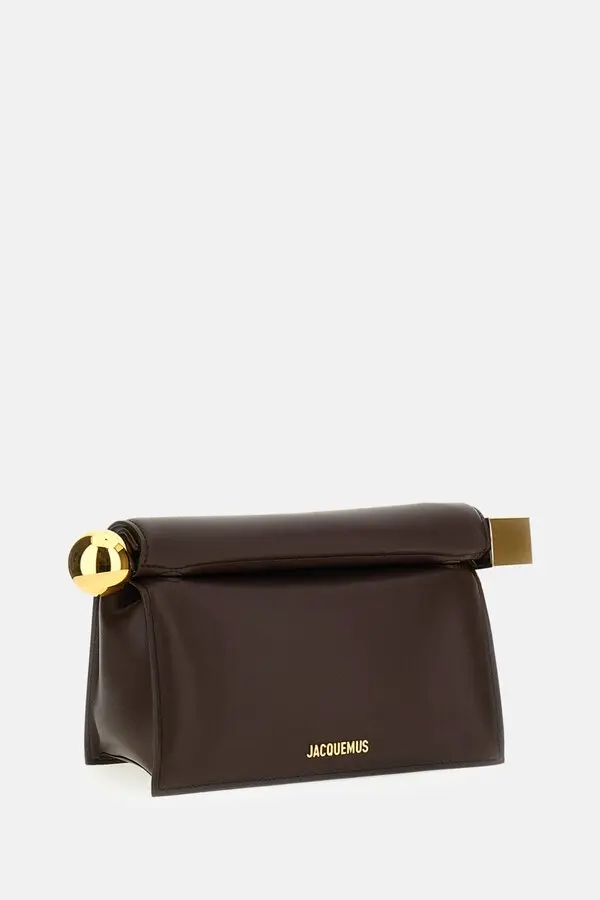 Jacquemus The Round Square Clutch In Dark Napa Leather - Marrone