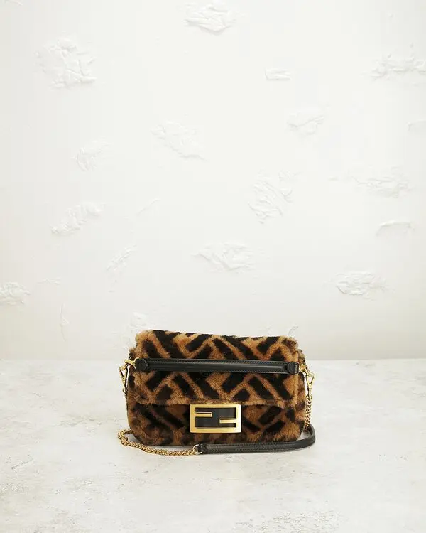 FWRD RENEW Fendi Shearling Vitello Dolce Macro Ff 1974 Mini Baguette Shoulder Bag