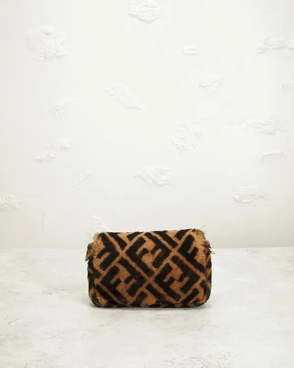 FWRD RENEW Fendi Shearling Vitello Dolce Macro Ff 1974 Mini Baguette Shoulder Bag