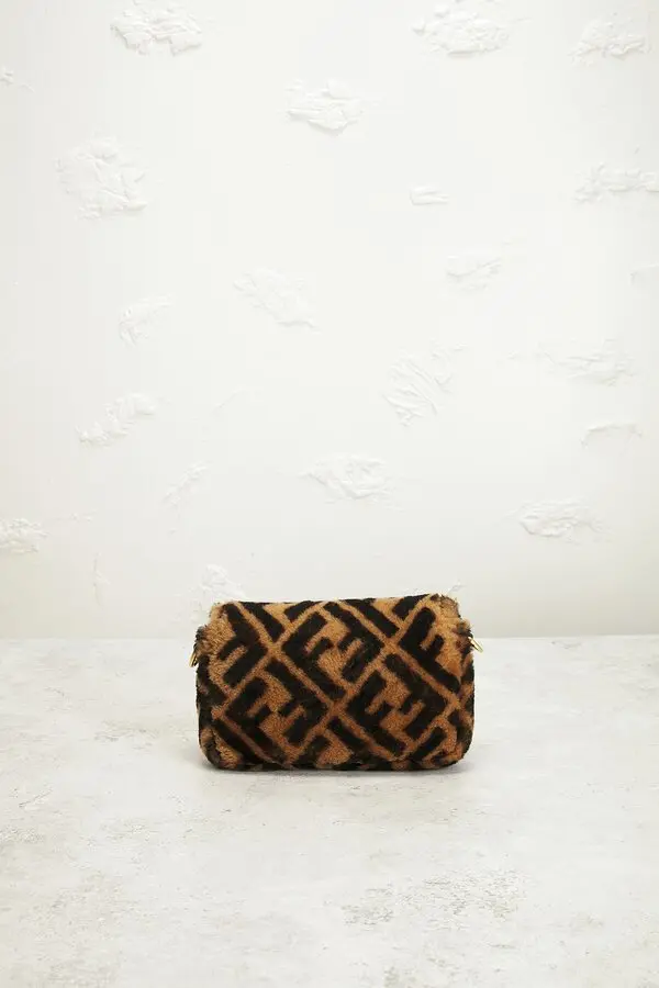 Fendi Shearling Vitello Dolce Macro Ff 1974 Mini Baguette Shoulder Bag