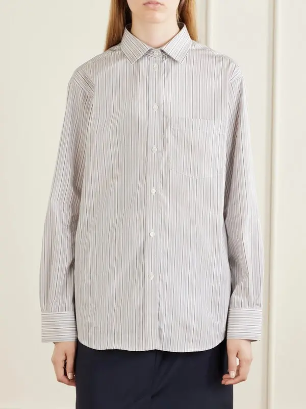 RÓHE Striped Cotton Poplin Relaxed Fit Shirt - Gray