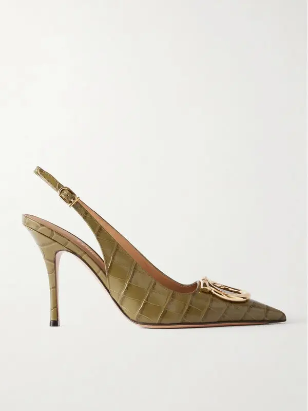 FERRAGAMO Sara 95 Croc-effect Leather Slingback Pumps - Green