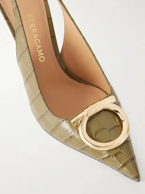 FERRAGAMO Sara 95 Croc-effect Leather Slingback Pumps
