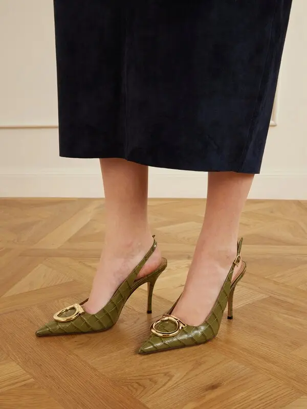 FERRAGAMO Sara 95 Croc-effect Leather Slingback Pumps
