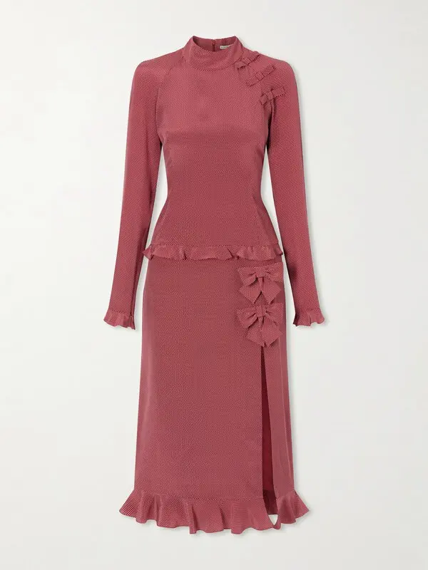 Alessandra Rich Bow-detailed Polka-dot Silk-crepe Midi Dress - Burgundy