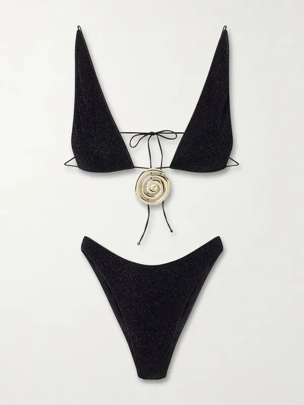 Oseree Lumière Spiral Embellished Lurex Bikini - Black