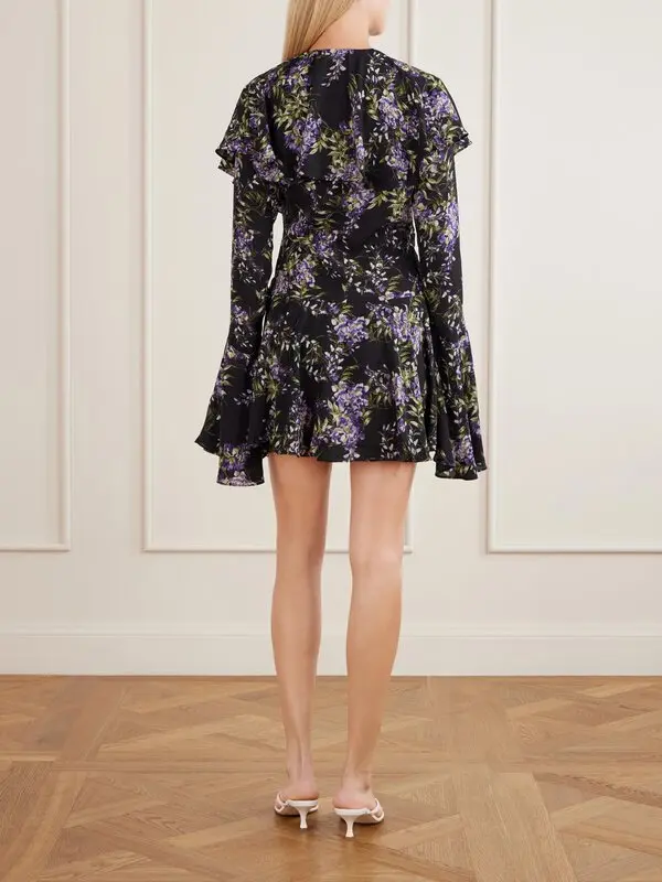 Norma Kamali Floral Print Ruffled Crepe Mini Dress - Purple