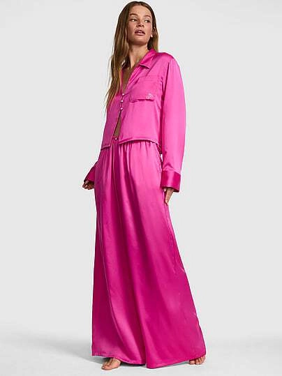 Pink Grw ™ Satin Flyaway Long-sleeve & Pants Pajama Set - Pink