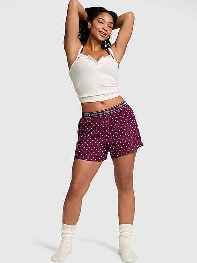 Pink Cotton Boxy Boyfriend Pajama Shorts With Polka Dot - Print