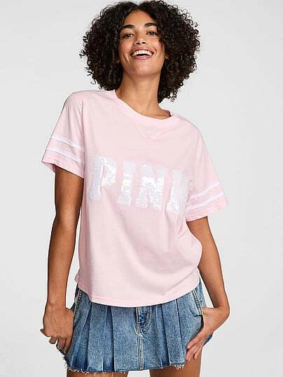 Pink Campus Cotton V-stitch Crewneck Boxy Tee - Pink