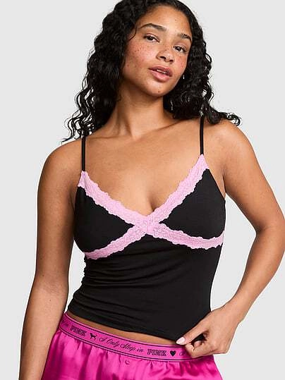 Pink Modal Lace-trim Cami - Black