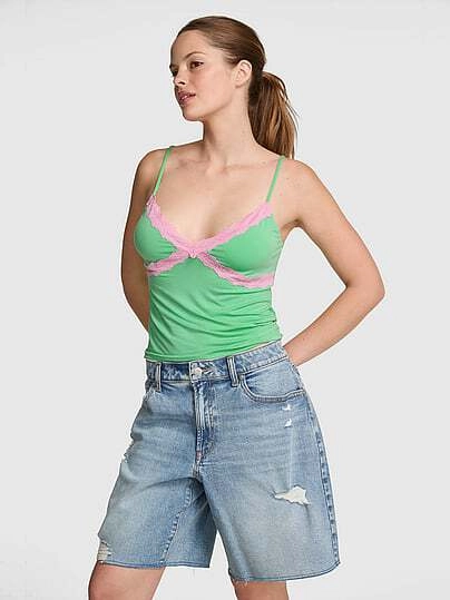 Pink Modal Lace-trim Cami - Green