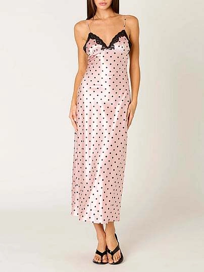 Victoria's Secret Nia Jasmine Slip Dress With Polka Dot Print And Lace Trim - Pink